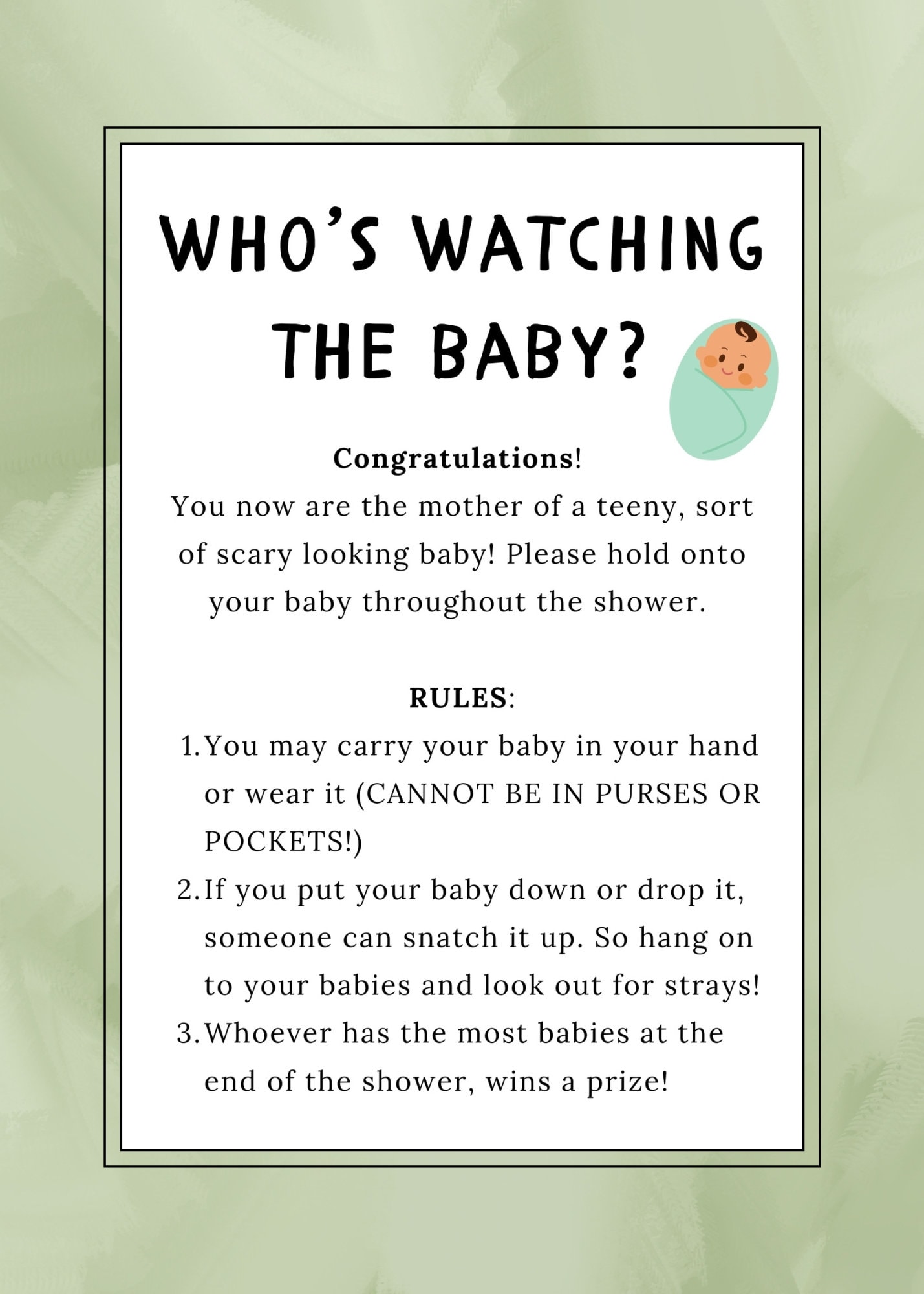 Who's Watching the Baby? | Baby Shower Game | Baby Game Instructions - Etsy