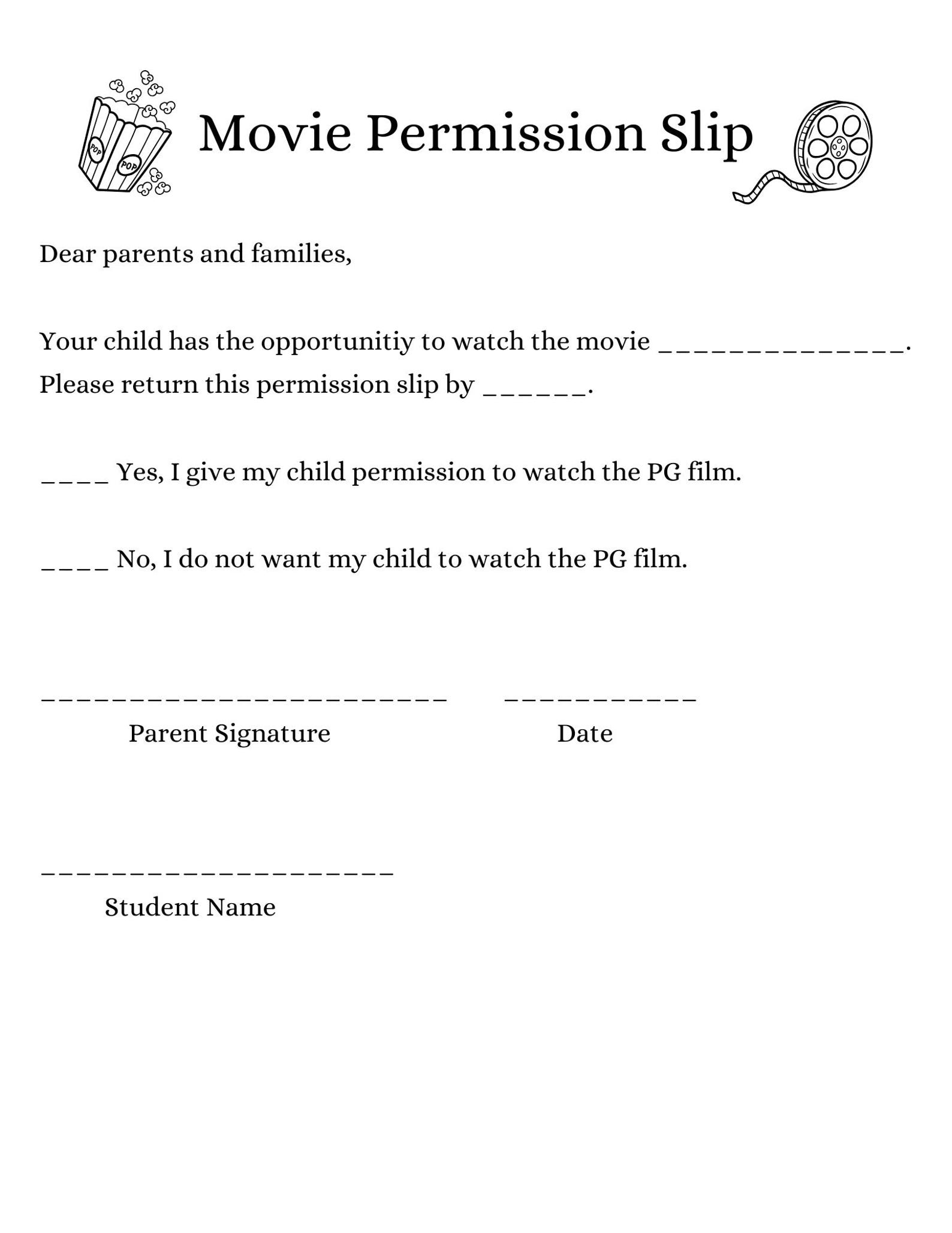 Movie Permission Slip for Classroom | PG Movie Permission Slip | Class ...