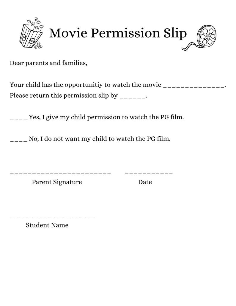 Movie Permission Slip for Classroom | PG Movie Permission Slip | Class ...