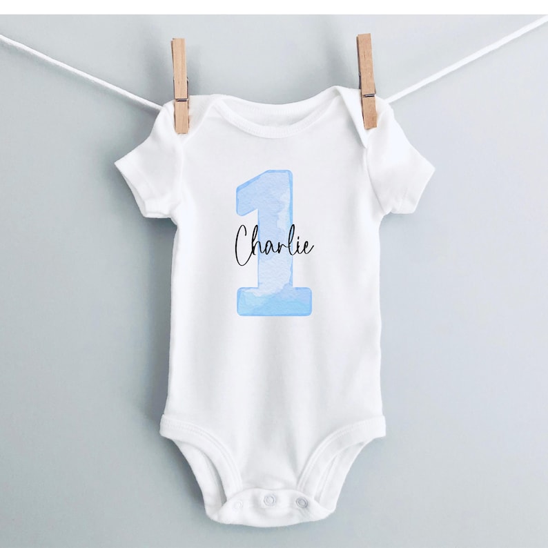 Blue Watercolor Number Birthday Outfit, Personalized Bodysuit, Romper ...
