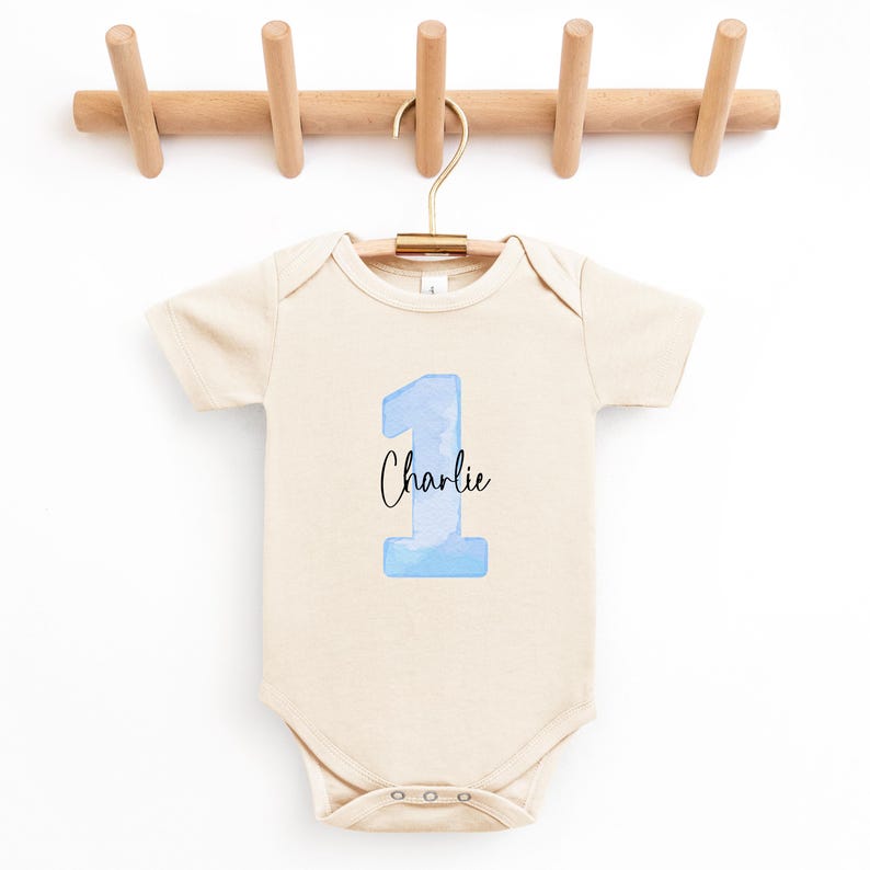 Blue Watercolor Number Birthday Outfit, Personalized Bodysuit, Romper ...