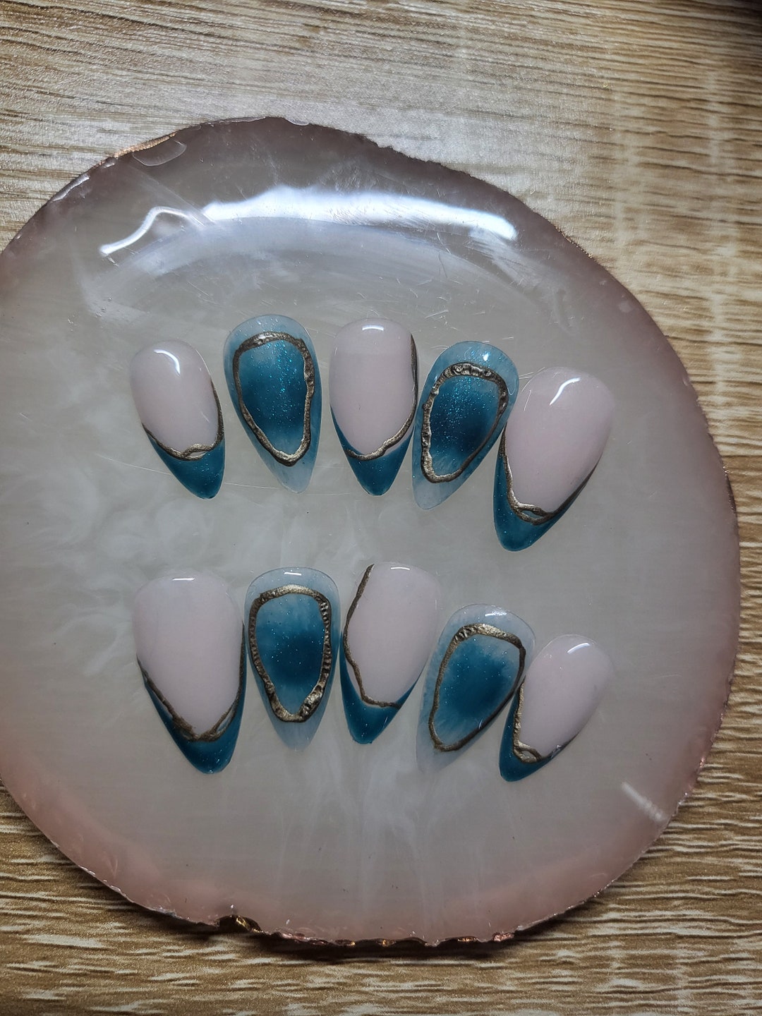 Blue Frenchy /ombre/mirror Gold Nail Art/ Short Almond Shape Press on ...