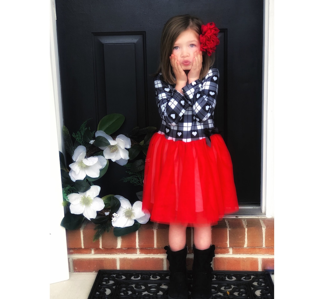 Girl Valentine Dresses, Red Heart Dress, Plaid Long Sleeve Heart Dress ...