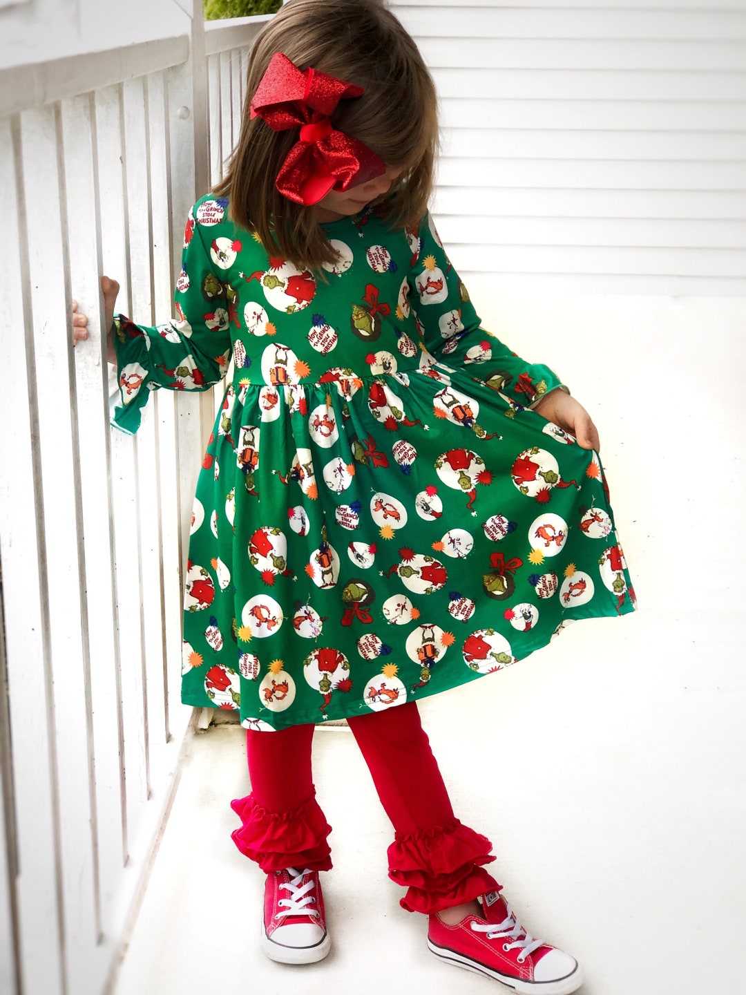 Girls Holiday Dress Green Monster Christmas Dress Long Sleeve Dress ...