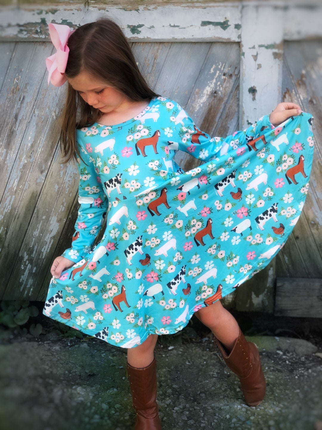 Girls Farm Dress, Toddler Farm Twirl Dress, Girls Barn Party Dress, Pig ...