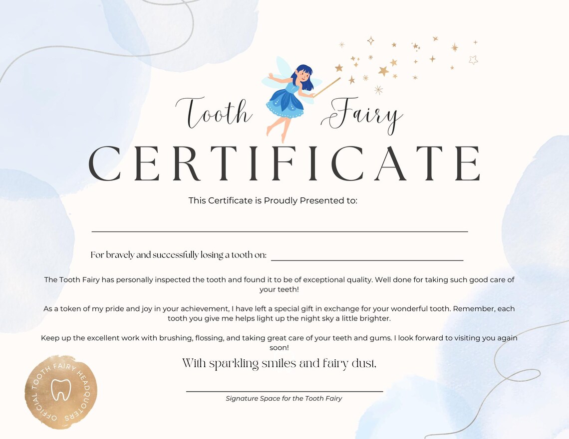 Printable Tooth Fairy Certificate for Girls & Boys - First Tooth Lost ...
