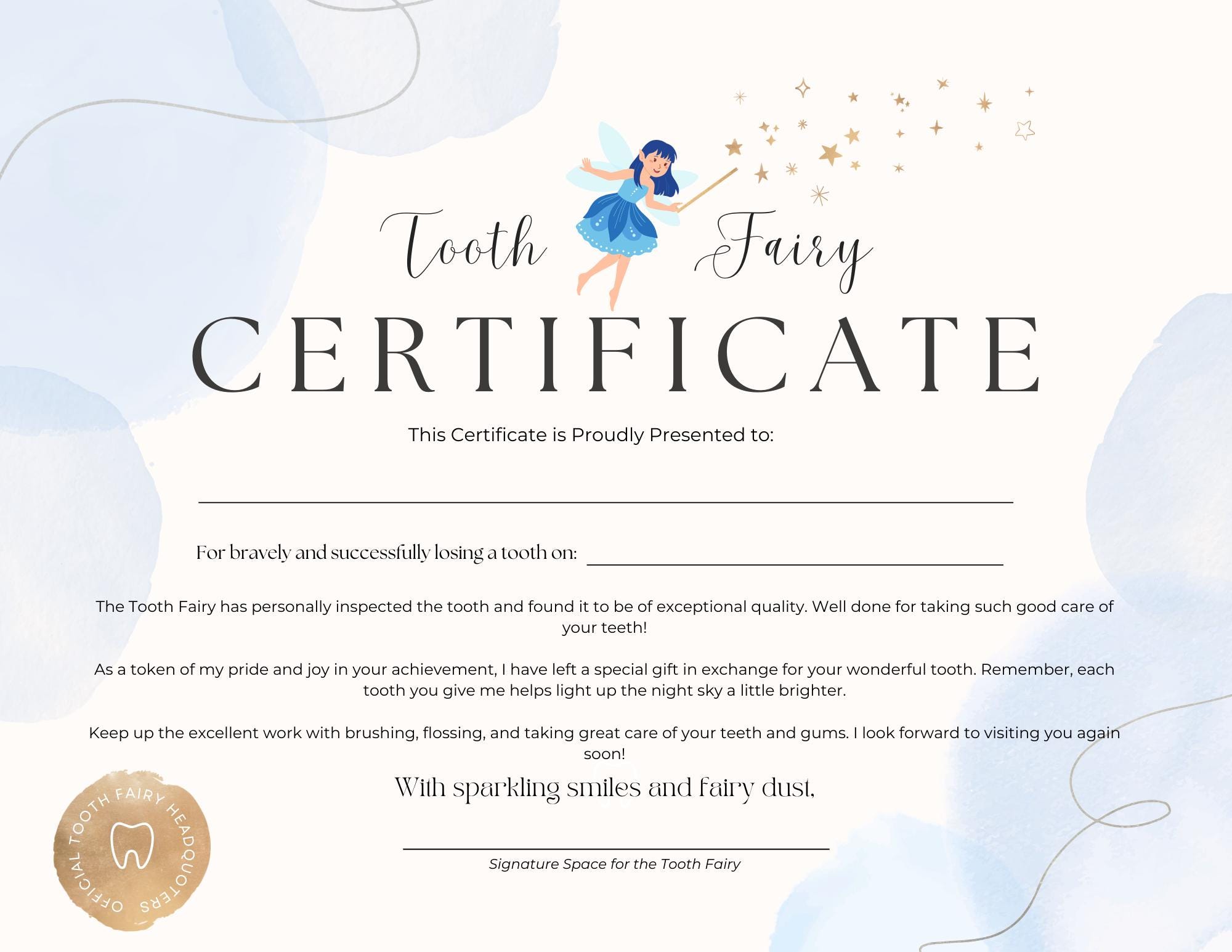 Printable Tooth Fairy Certificate for Girls & Boys - First Tooth Lost ...