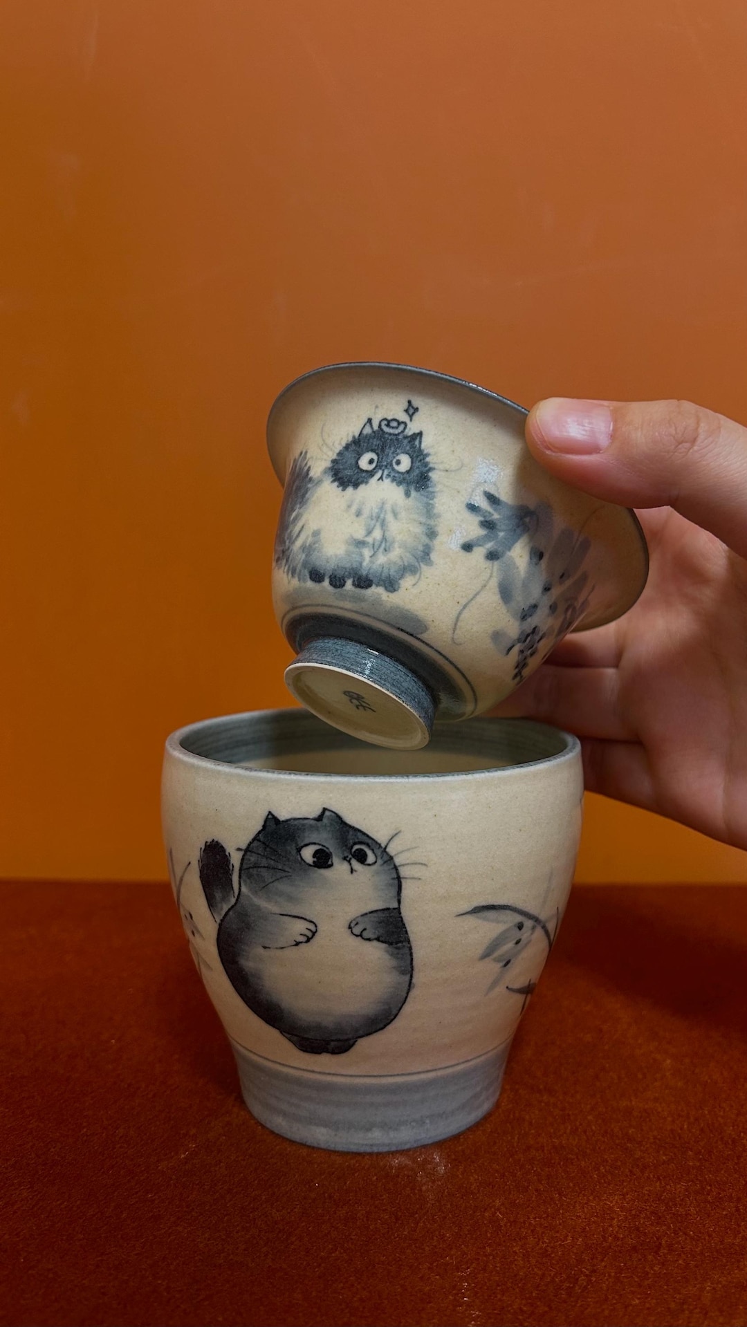Hand-painted Ceramic Cat Cup Set - 2-in-1 Nesting Tea Coffee Mugs for ...