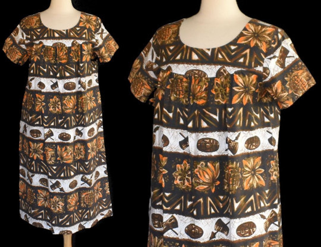 Vintage 60s Hawaiian Batik Dress, Ui Maikai Brown and White Tiki War ...