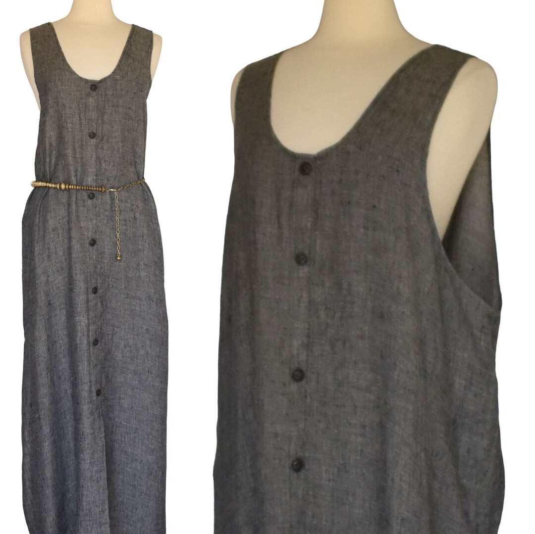 Vintage Y2K Flax Linen Market Dress, Black Jumper Dress, Ankle Length ...