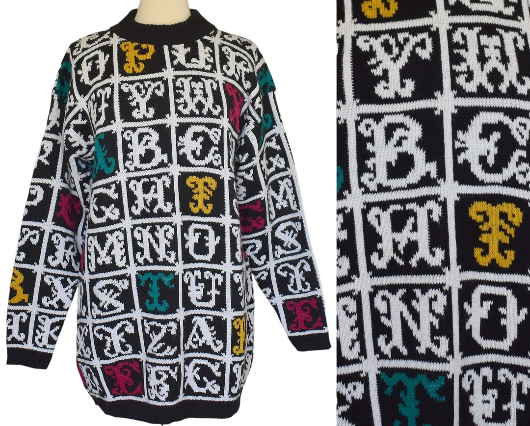 Vintage 80s Intarsia Knit Novelty Alphabet Pullover Sweater by Turning Point, Multicolor Letters ...