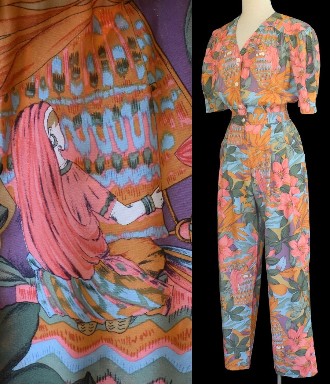 Vintage 80s Jumpsuit, Tropical Floral Print, Native Ladies, Minimal ...