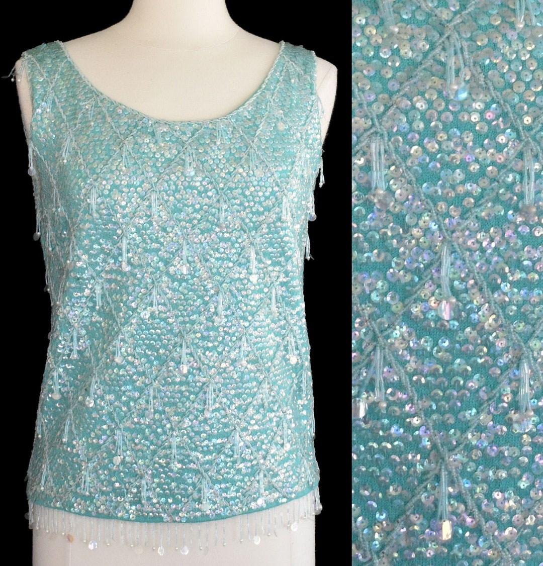 Vintage 60s Hand Beaded Cocktail Sweater Hand Sequined - Etsy