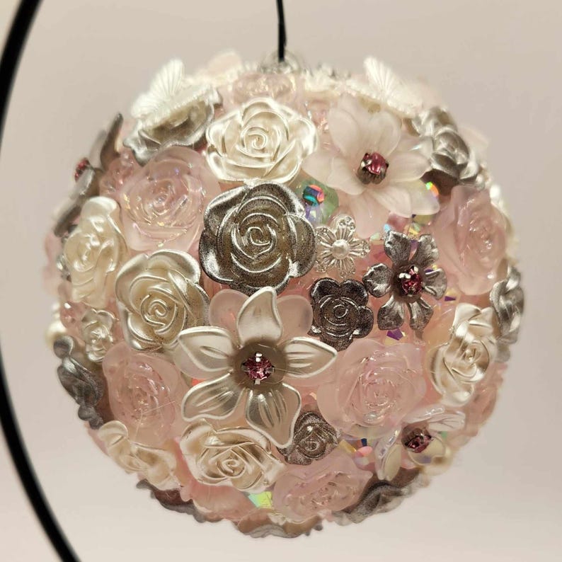 Pink, Ivory and Gray, Repurposed Jewelry Home Decor Beaded Orb ...