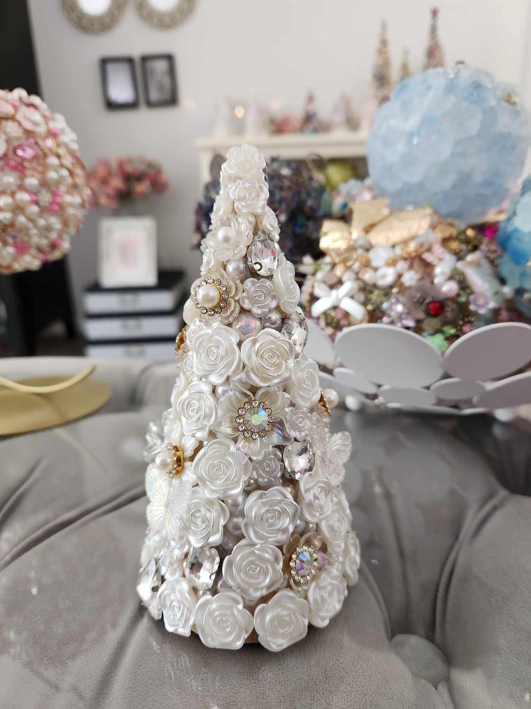 Ivory Beaded Mini Tree Using Repurposed Jewelry, Rhinestones and Resin ...
