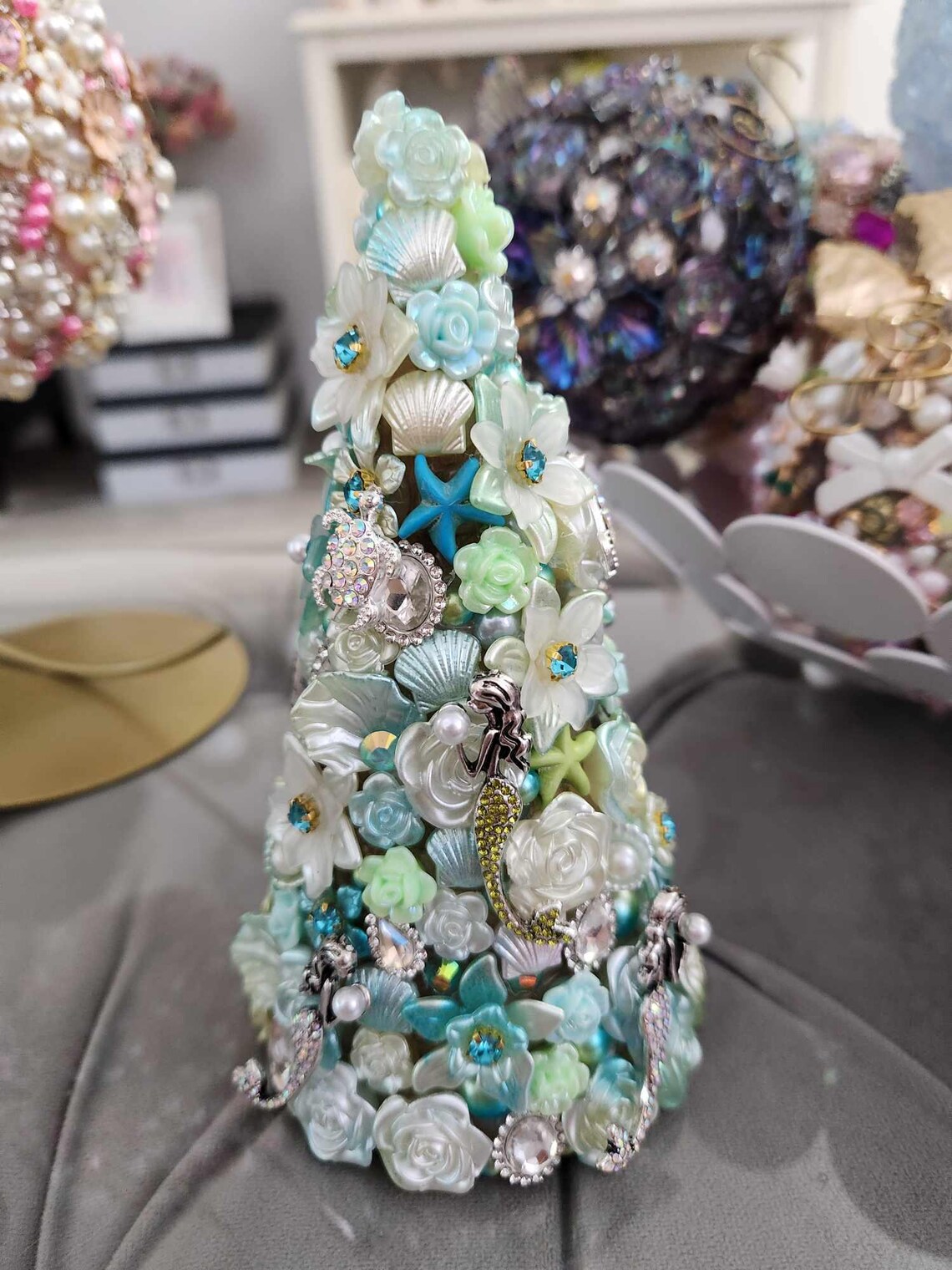 Green and Blue Mermaids Beaded Mini Tree Using Repurposed Jewelry ...