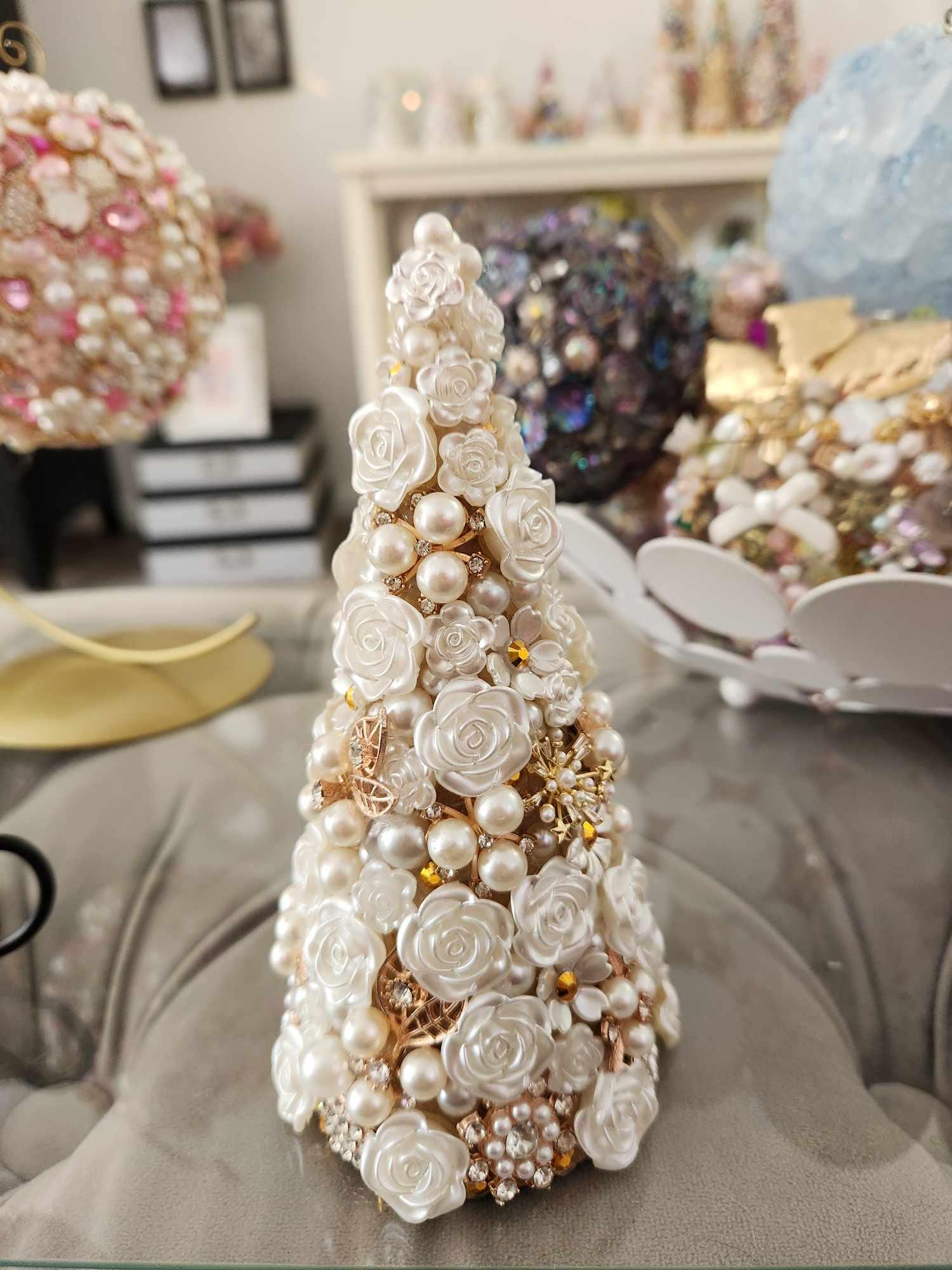 Ivory and Gold Beaded Mini Tree Using Repurposed Jewelry, Rhinestones ...