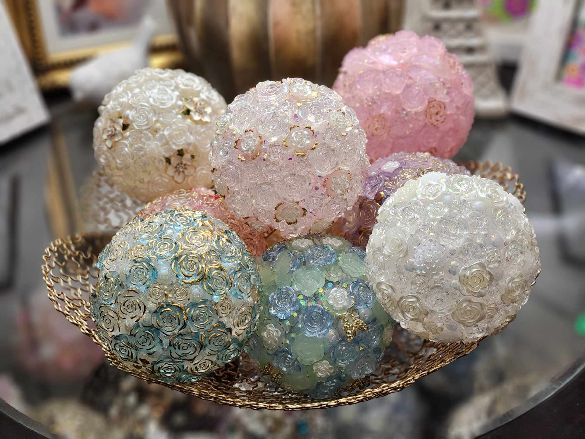 Earth Tone Home Decor Beaded Orb With Rhinestones and Faux Pearls ...