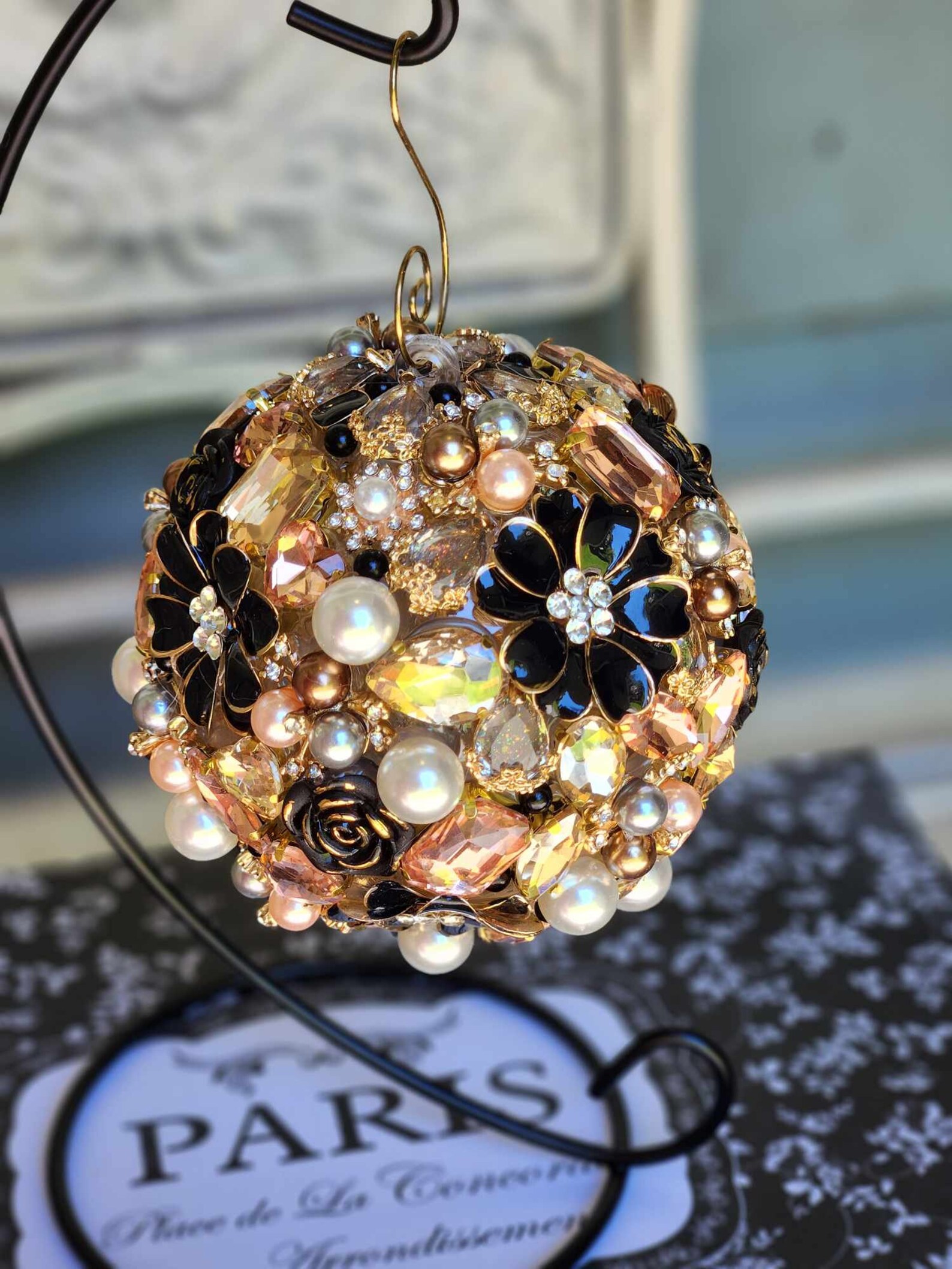 Earth Tone Home Decor Beaded Orb With Rhinestones and Faux Pearls ...