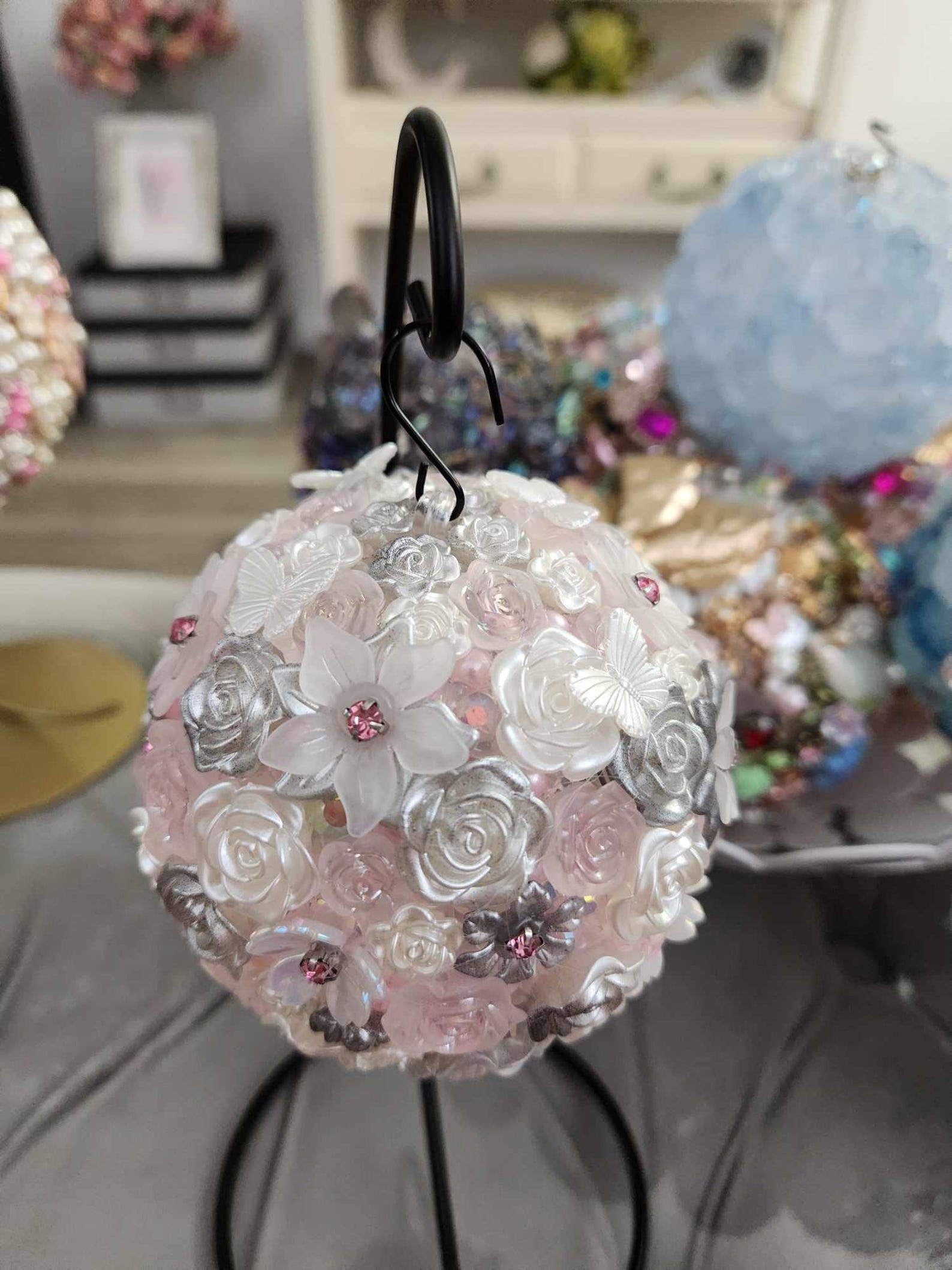 Pink, Ivory and Gray, Repurposed Jewelry Home Decor Beaded Orb ...