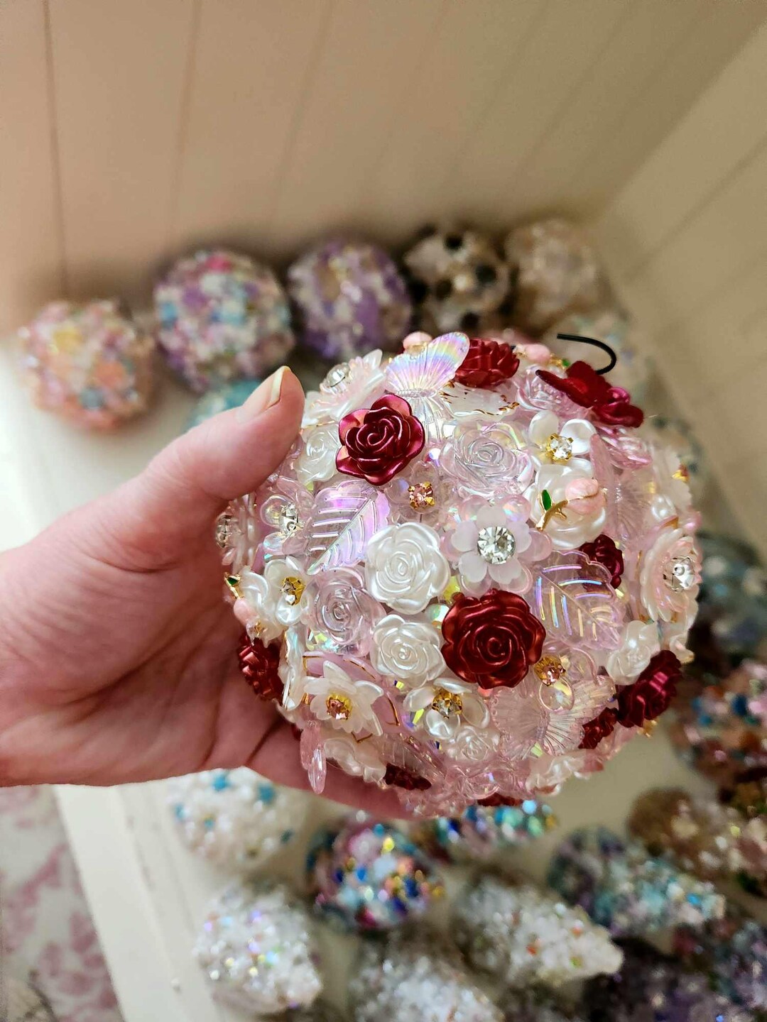 Red, Pink, Ivory With Rhinestones Home Decor Beaded Orb. Approximately ...
