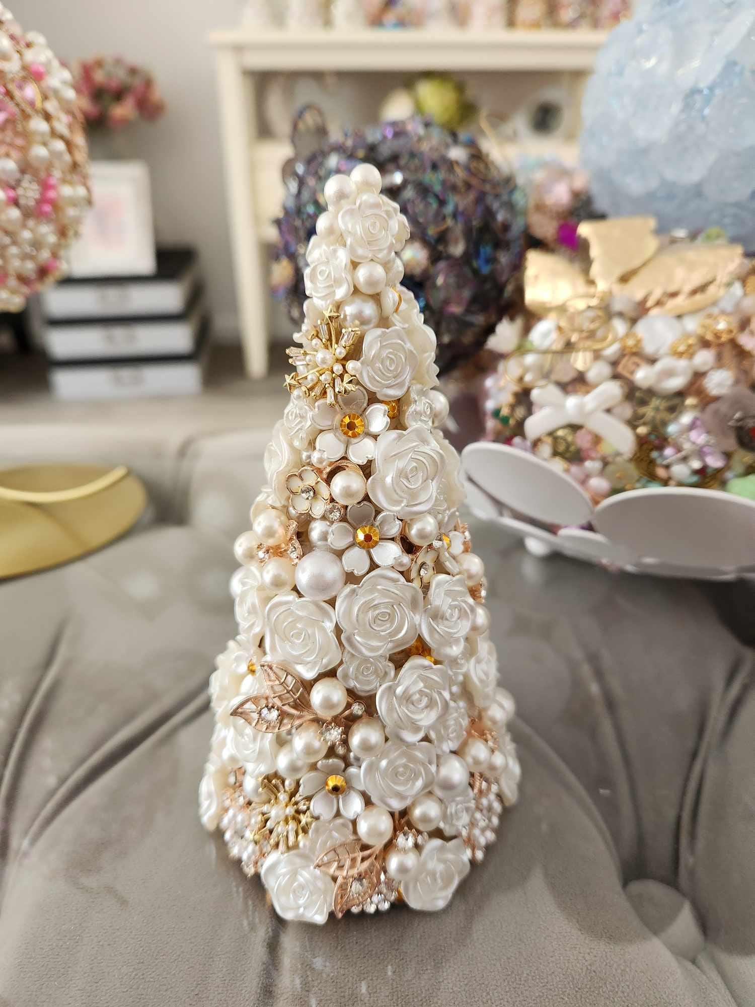 Ivory and Gold Beaded Mini Tree Using Repurposed Jewelry, Rhinestones ...