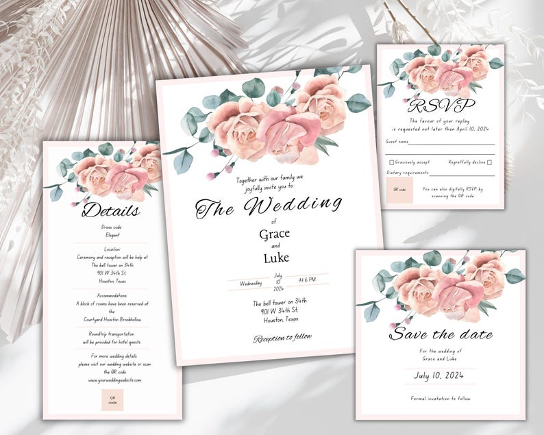 Elegant Light Pink Wedding Invitation With Pink Rose Template - Etsy