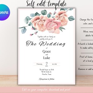 Elegant Light Pink Wedding Invitation With Pink Rose Template - Etsy