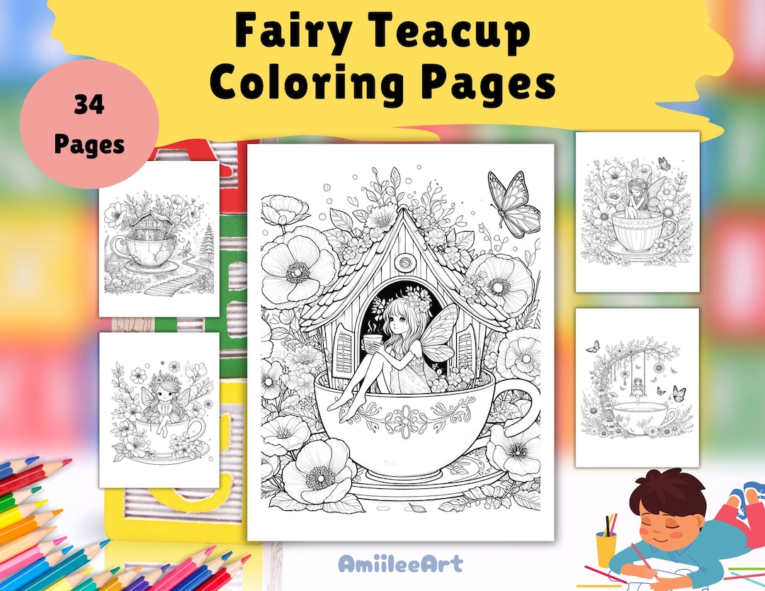 Fairy Coloring, Fairy Garden Teacup Coloring 34 Pages, Fantasy Coloring ...