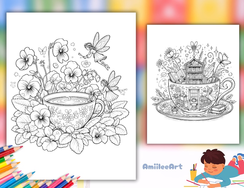 Magical Fairy Coloring Pages: Teacup & Princess Designs (PDF) - Etsy