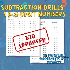 Subtraction Drills - 1 & 2 Digit Numbers With Answers, 30 Pages of ...
