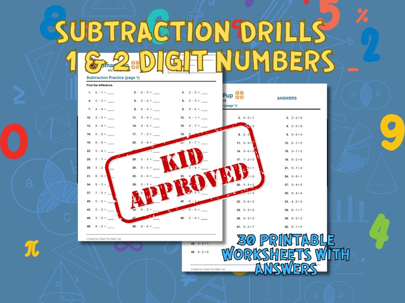 Subtraction Drills - 1 & 2 Digit Numbers With Answers, 30 Pages of ...