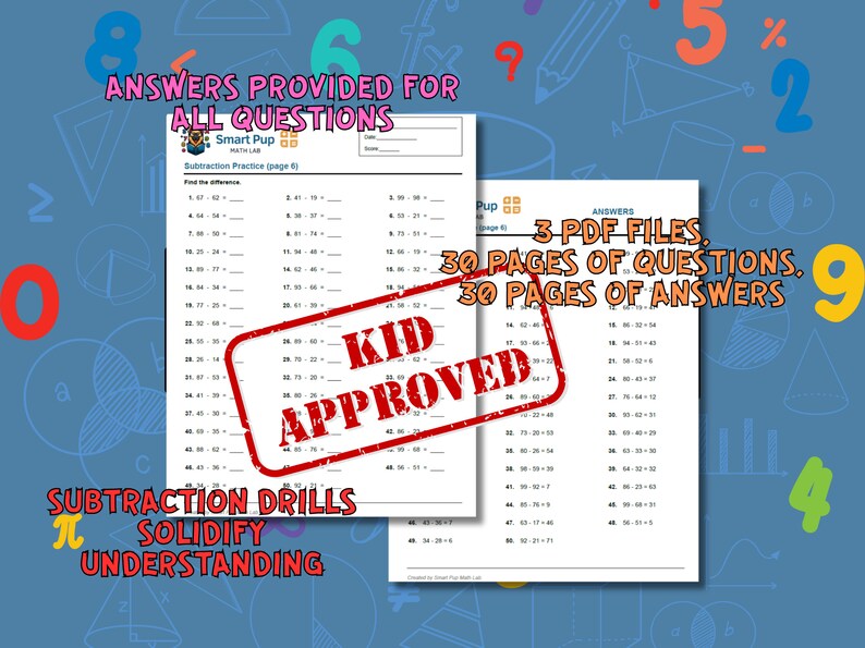 Subtraction Drills - 1 & 2 Digit Numbers With Answers, 30 Pages of ...