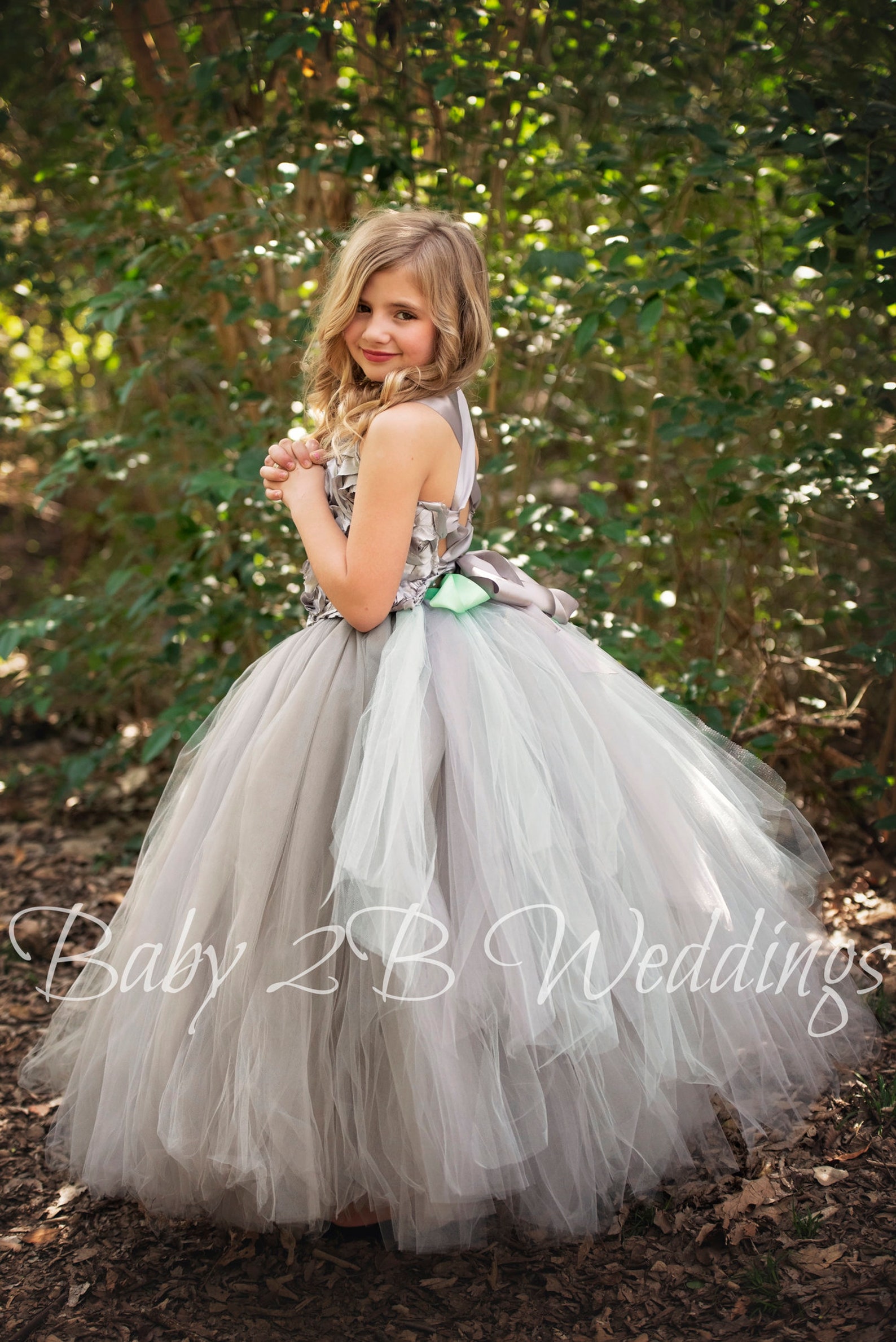 Silver Flower Girl Dress Mint Bustle Gray Dress Grey Dress - Etsy