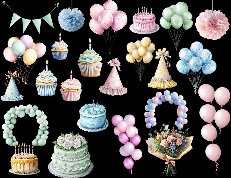 Birthday Party,watercolor Set,png,birthday Stickers,pastel Colors,cake ...