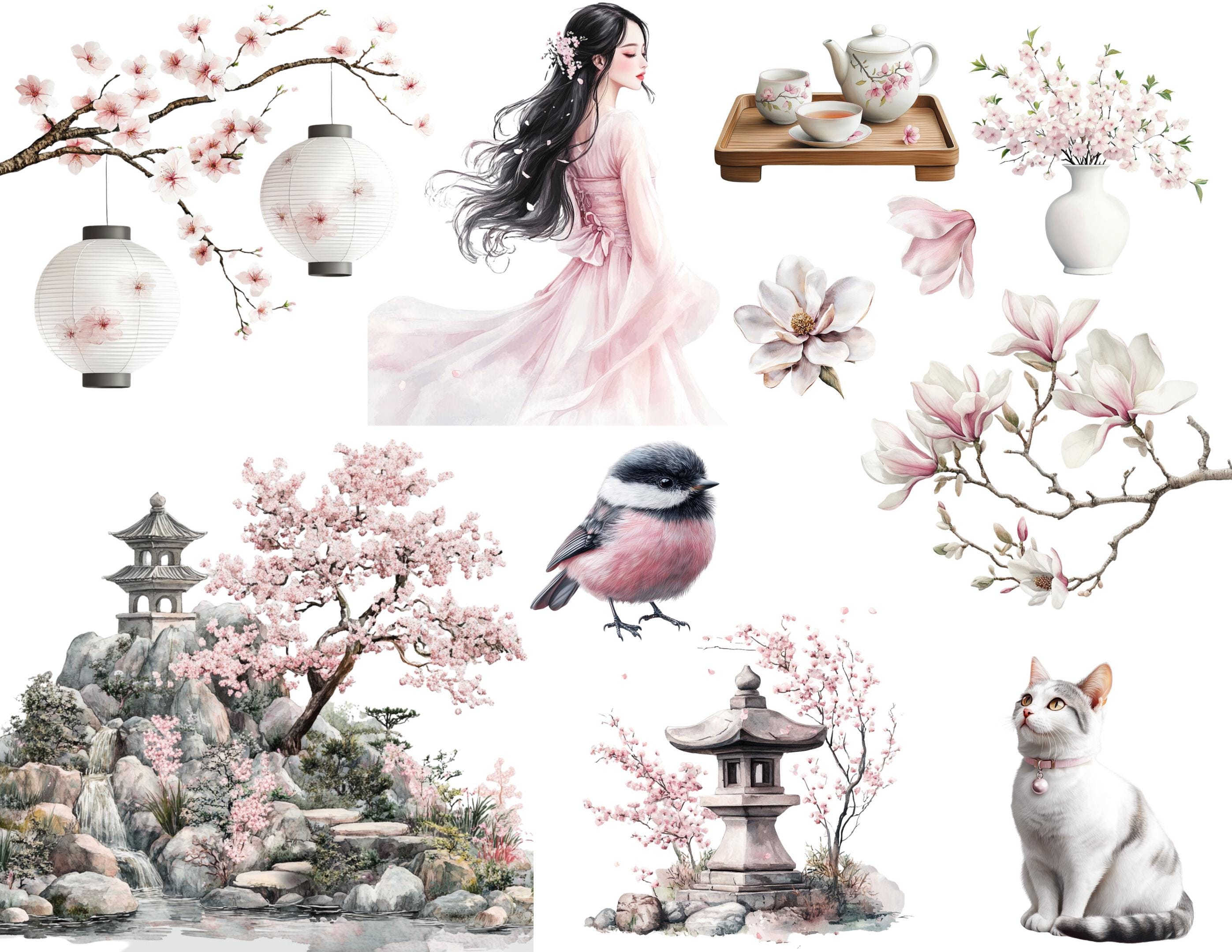 Cherry Blossom Watercolor Clipart: Japanese Style PNG Stickers (43 ...