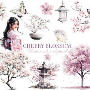 Cherry Blossom Watercolor Clipart: Japanese Style PNG Stickers (43 ...