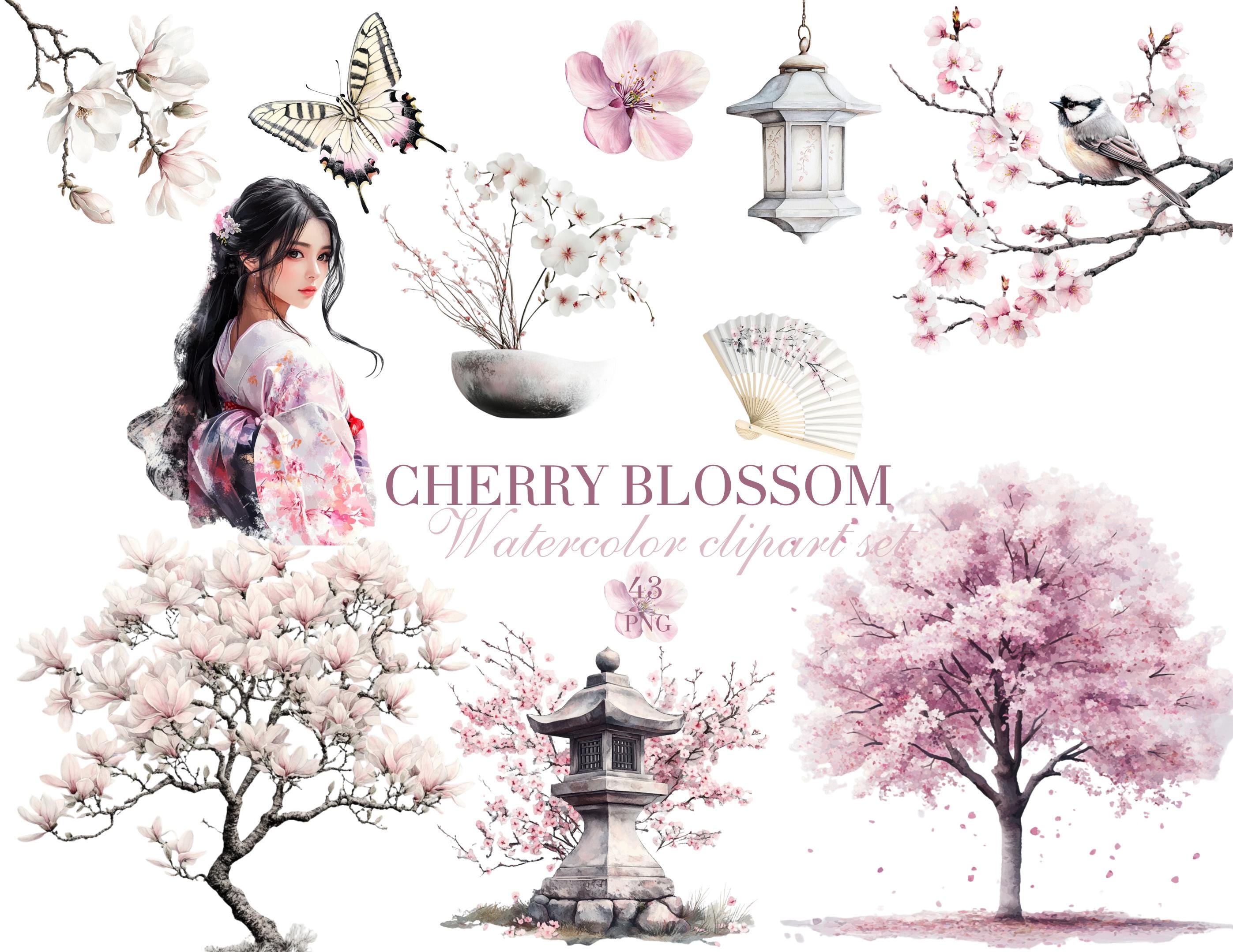 Cherry Blossom Watercolor Clipart: Japanese Style PNG Stickers (43 ...