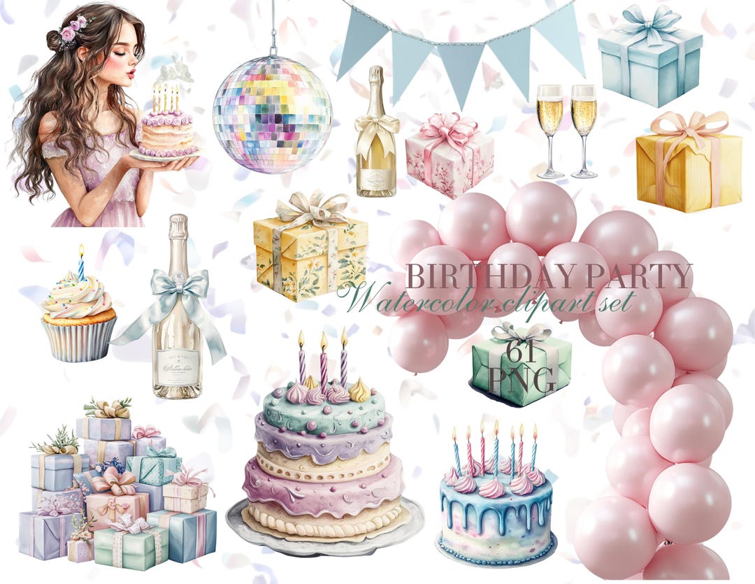 Birthday Party,watercolor Set,png,birthday Stickers,pastel Colors,cake ...