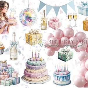 Birthday Party,watercolor Set,png,birthday Stickers,pastel Colors,cake ...