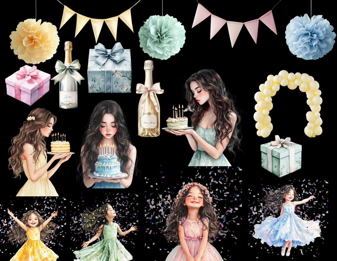 Birthday Party,watercolor Set,png,birthday Stickers,pastel Colors,cake ...