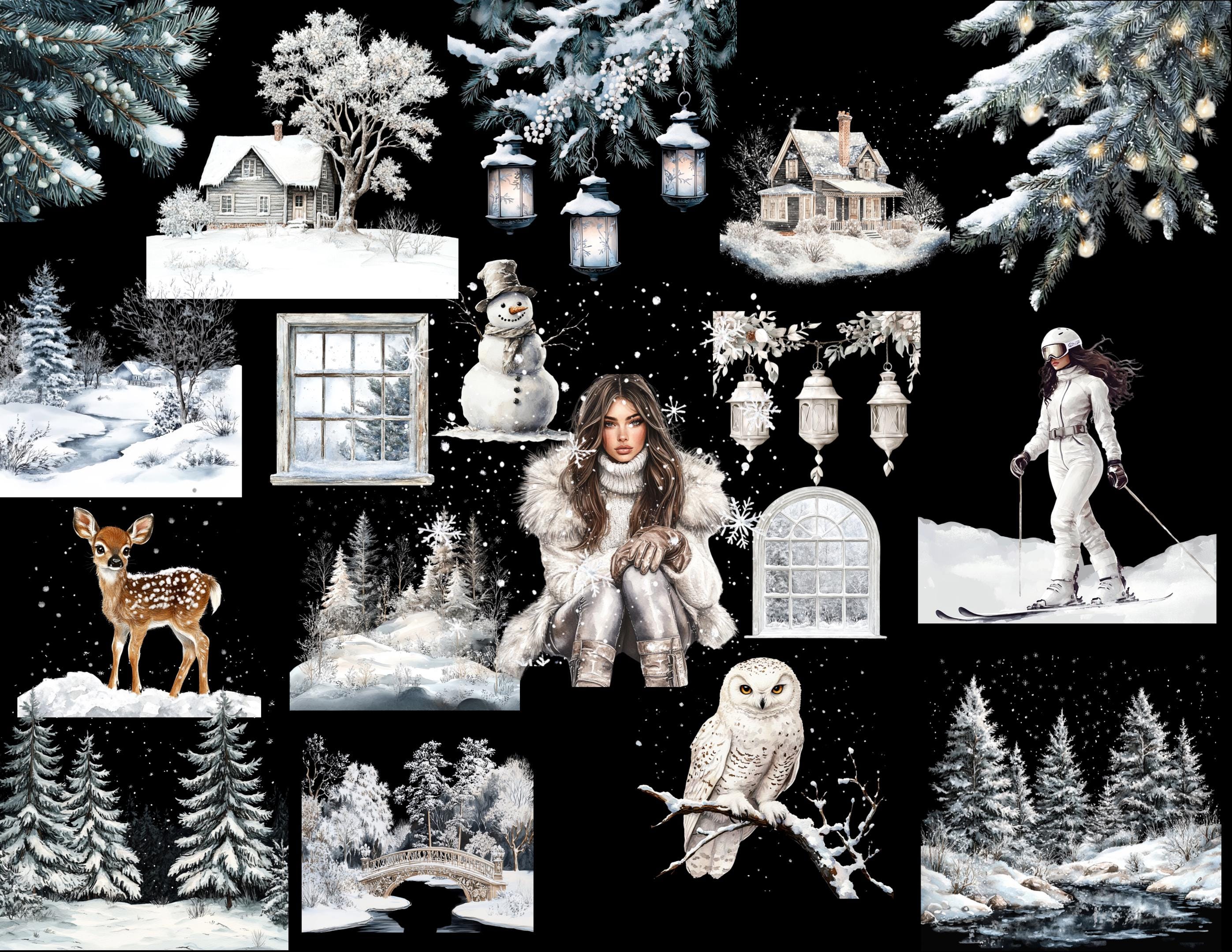 Winter Watercolor Clipart Stickers: Snowflakes, Animals, Spruce (PNG ...