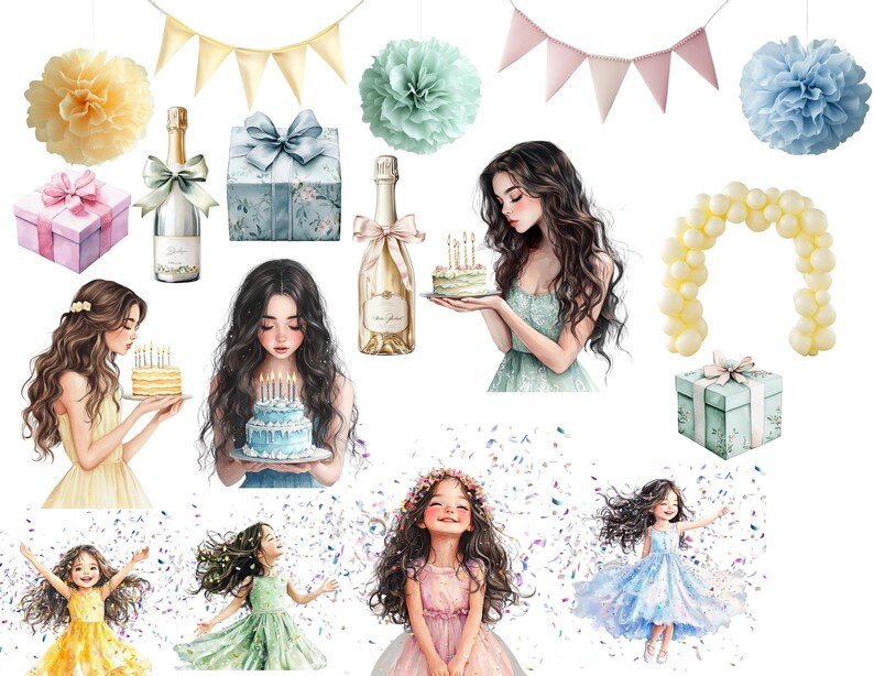 Birthday Party,watercolor Set,png,birthday Stickers,pastel Colors,cake ...