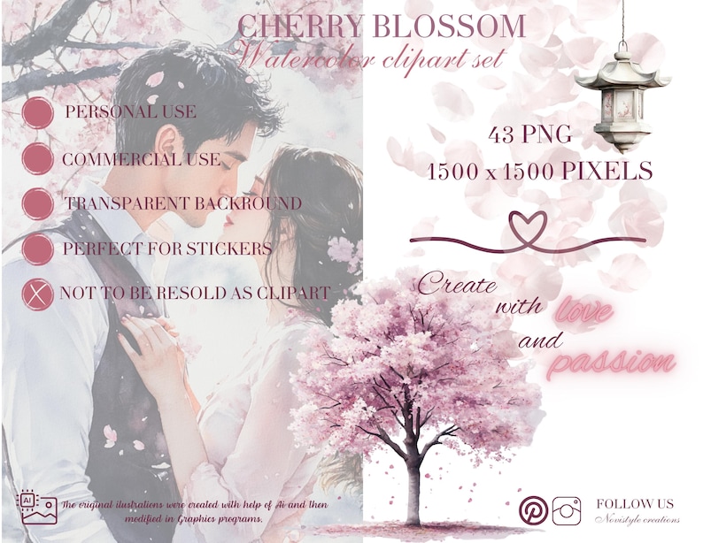 Cherry Blossom Watercolor Clipart: Japanese Style PNG Stickers (43 Pieces) - Etsy