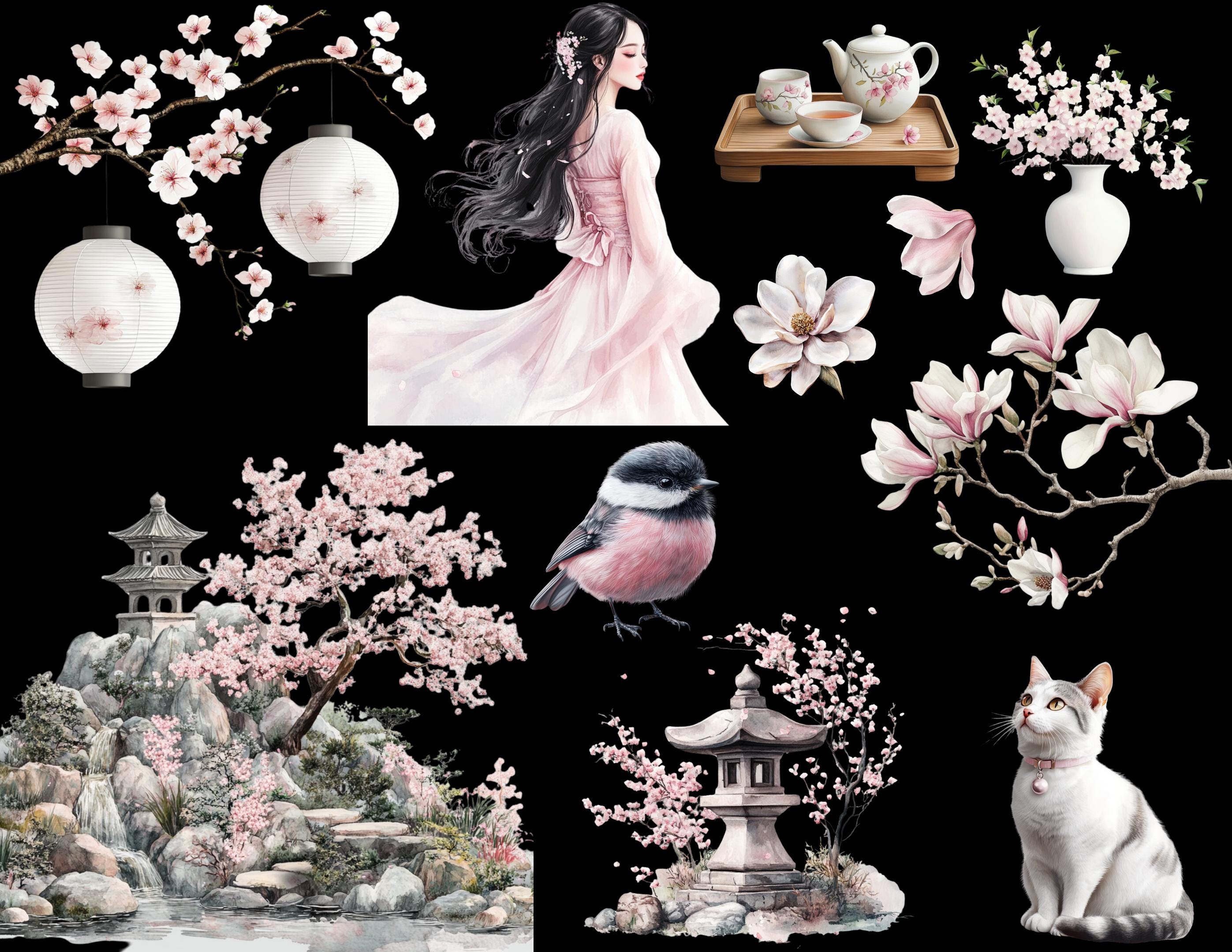 Cherry Blossom Watercolor Clipart: Japanese Style PNG Stickers (43 ...