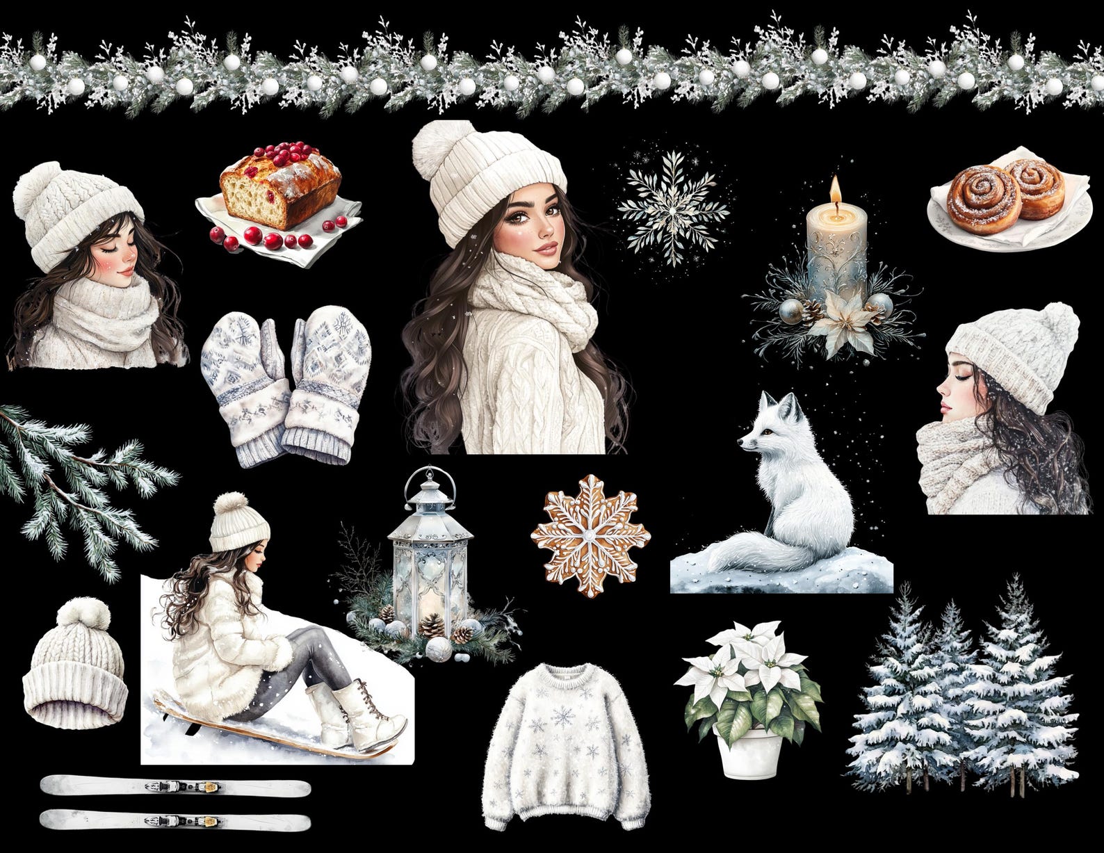 Winter Watercolor Clipart Stickers: Snowflakes, Animals, Spruce (PNG ...