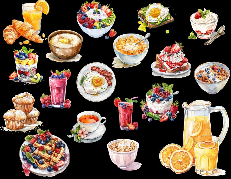 Watercolor Breakfast Clipart - Etsy