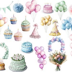 Birthday Party,watercolor Set,png,birthday Stickers,pastel Colors,cake ...