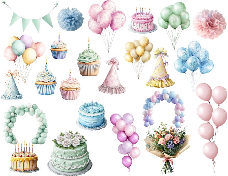 Birthday Party,watercolor Set,png,birthday Stickers,pastel Colors,cake ...