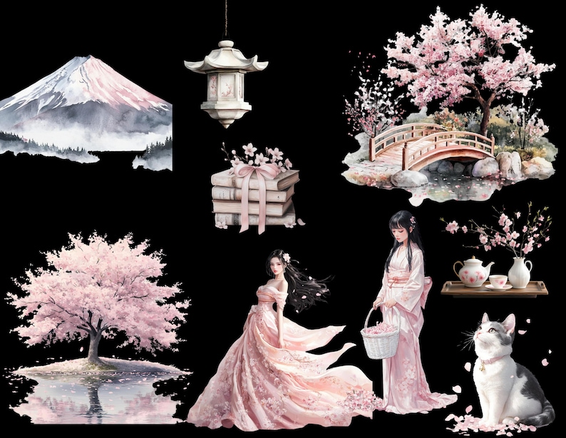 Cherry Blossom Watercolor Clipart: Japanese Style PNG Stickers (43 ...
